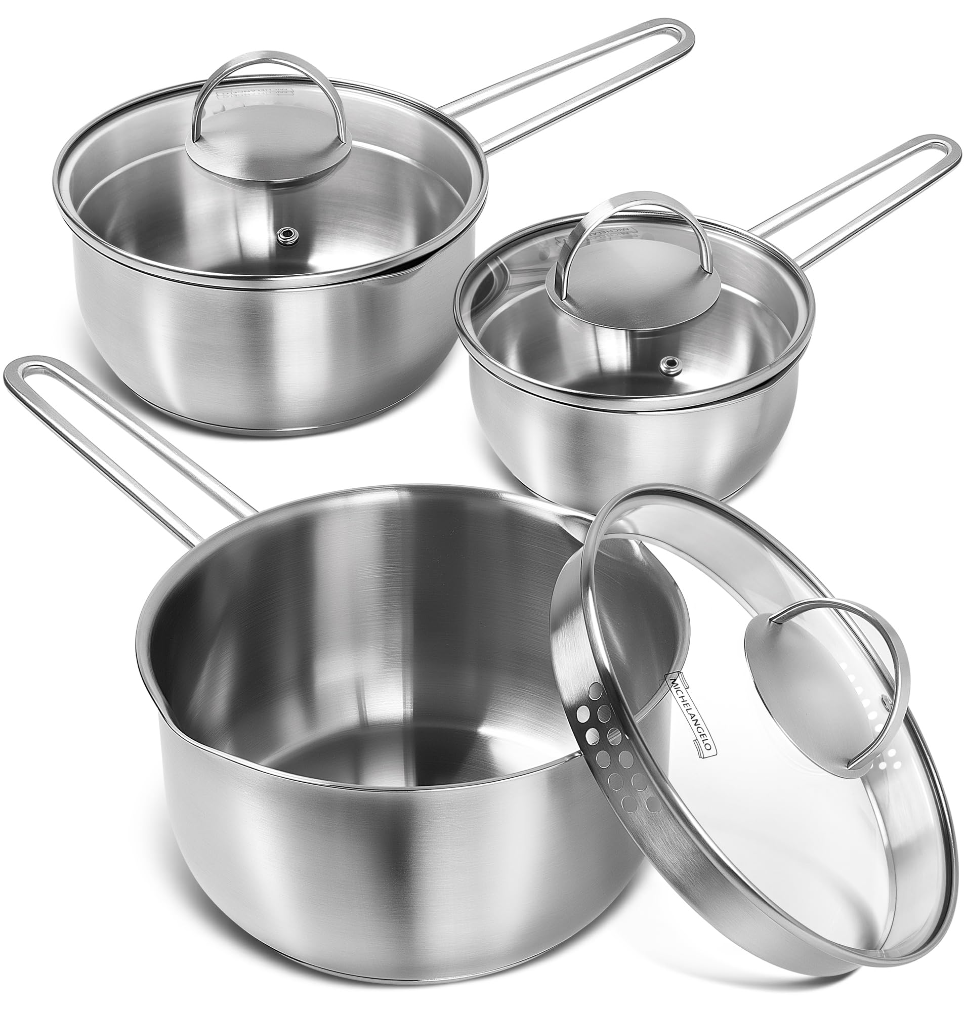 MICHELANGELO Stainless Steel Saucepan with Lid & Pour Spout 1QT & 2QT & 3QT, Tri-Ply Bottom Sauce Pan Set, Sauce Pot Set - 6 Pcs