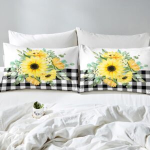 Sunflower Duvet Cover queen, Buffalo Check Bedding Set, Farmhouse Plaid Grid Yellow Floral Wild Botanical Black White Stripe Comforter Cover, Summer Rustic Garden Plants Room Decor Quilt Cover