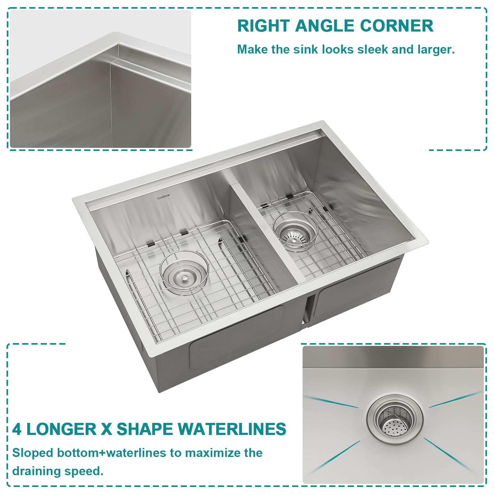 Lordear 28 Inch Undermount Kitchen Sink Double Bowl Stainless Steel 16 Gauge Undermount Workstation 60/40 Kitchen Sink with Smart Low Divider 28x19 Inch Double Basin Under Counter Kitchen Sinks