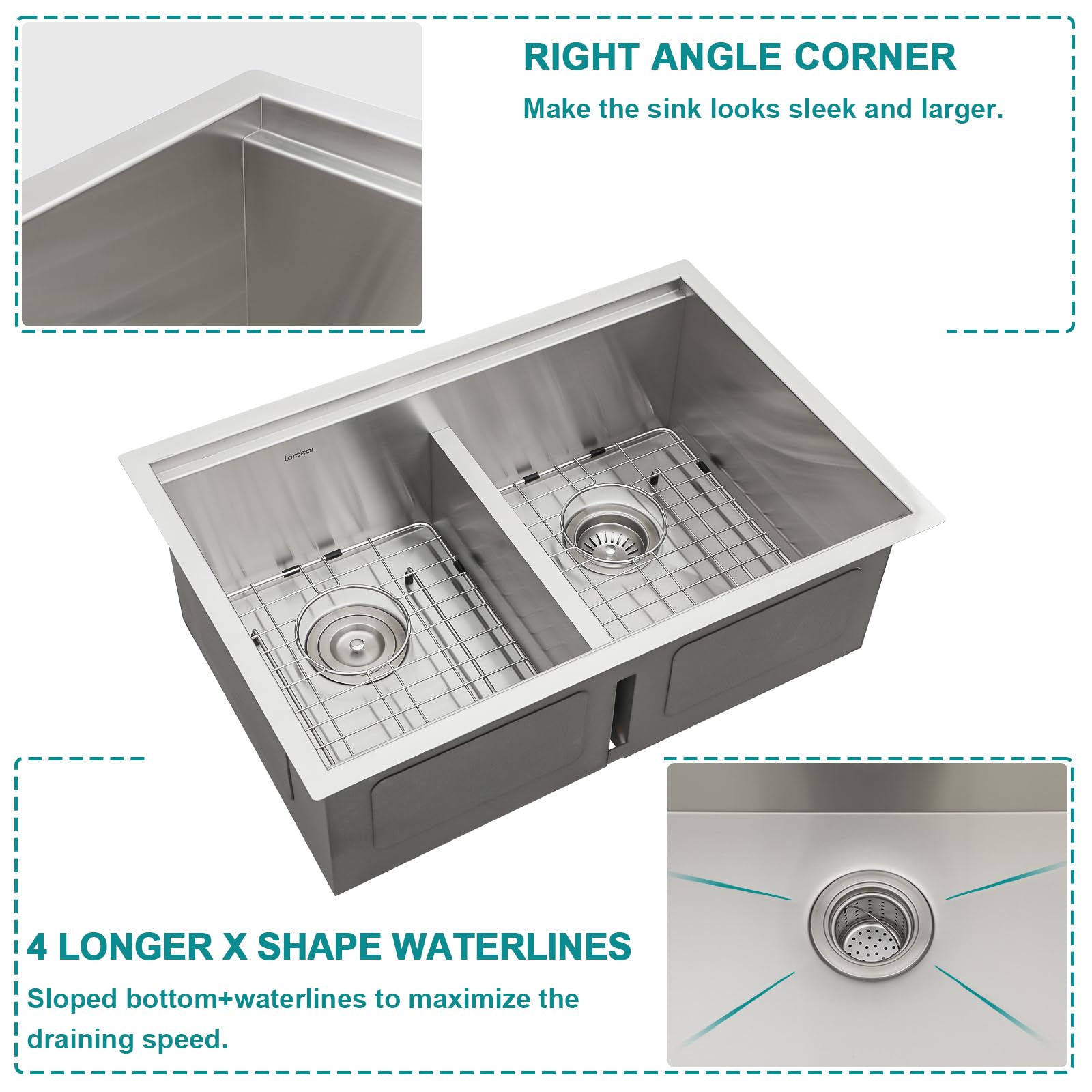 LORDEAR 28 Inch Undermount Kitchen Sink Double Bowl 16 Gauge Stainless Steel Workstation Kitchen Sink 50/50 with Smart Low Divider, 28x19 Double Basin Under Counter Kitchen Sinks Handmade