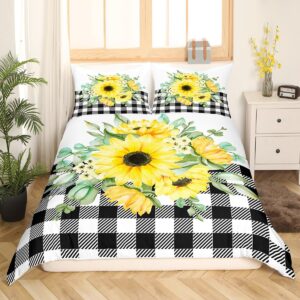 sunflower duvet cover queen, buffalo check bedding set, farmhouse plaid grid yellow floral wild botanical black white stripe comforter cover, summer rustic garden plants room decor quilt cover