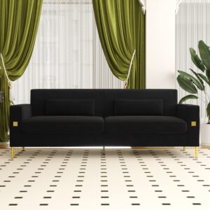 tubaihon 85" black velvet couch, living room sofa modern design, 3 people sofa with 2 pillows for couch (18 black)