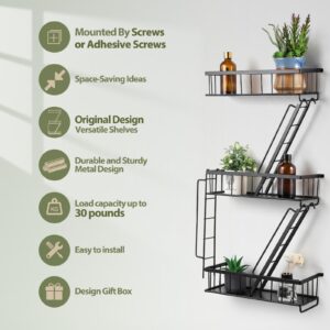 SweetSage Fire Escape Wall Shelf - New York Decorative Ladder Shelf, Wall Art Floating Shelf Black Metal Shelves for Bedroom, Home Office Storage and Display (3-Tier)