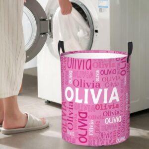 Custom Name Laundry Hamper, Personalized Dirty Clothes Hamper Storage Basket with Name for Bathroom Bedrooms, Customized Name Circular Hamper with Handles Gifts for Boys Girls Men Women Hot Pink M