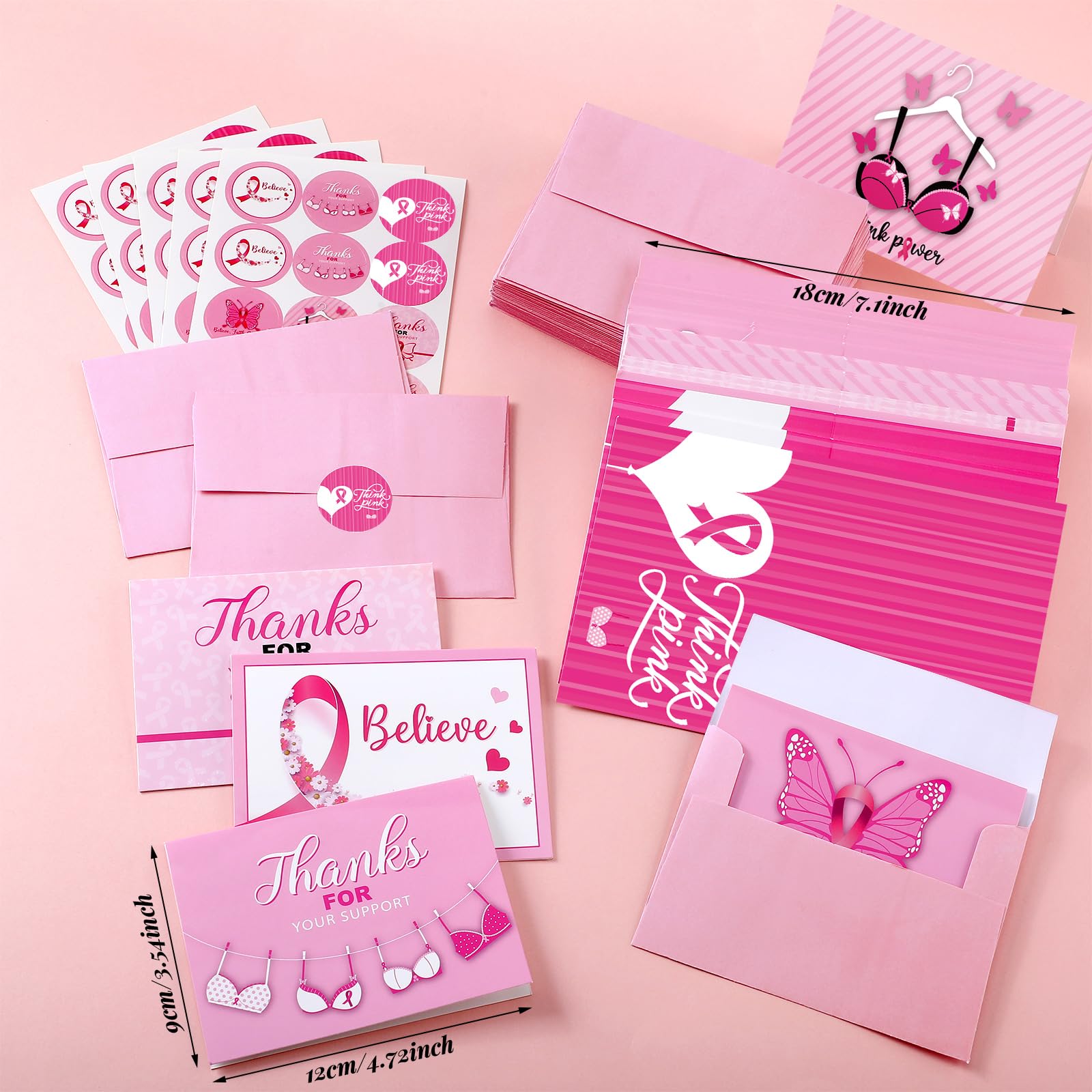 Tenceur 60 Sets Breast Cancer Cards Pink Ribbon Thank You Cards Breast Cancer Thank You Cards with Envelopes and Stickers for Breast Cancer Fundraising and Awareness Events