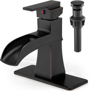 hoigy bathroom waterfall faucet, brass oil rubbed bronze bathroom faucet single handle, 4 inch bathroom sink faucet 1 hole or 3 holes, bathroom faucets with pop-up drain & deck plate for rv farmhouse