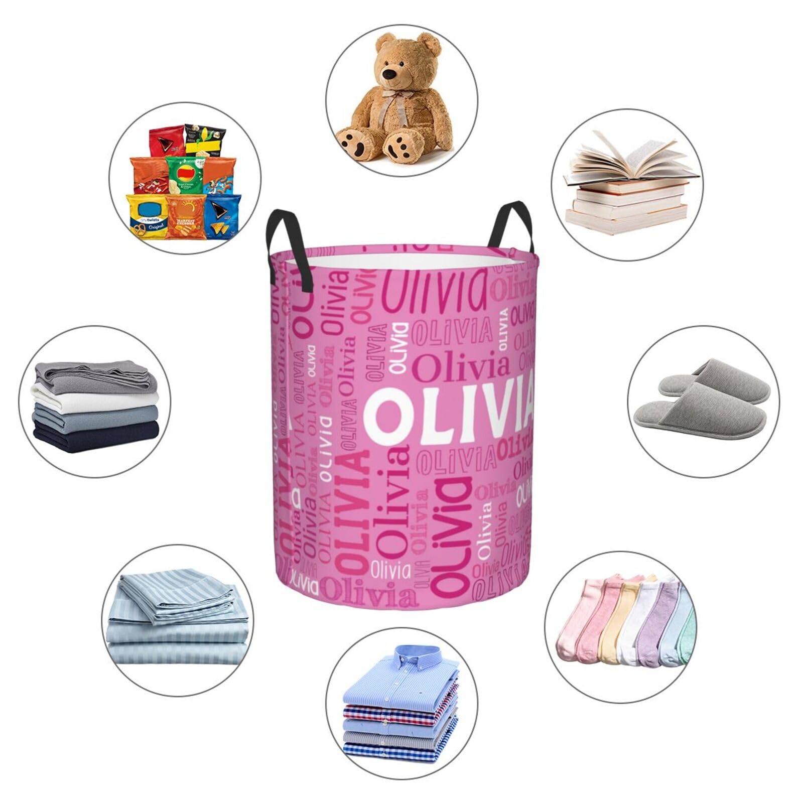 Custom Name Laundry Hamper, Personalized Dirty Clothes Hamper Storage Basket with Name for Bathroom Bedrooms, Customized Name Circular Hamper with Handles Gifts for Boys Girls Men Women Hot Pink M