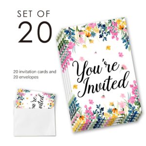 EUDOSI Wildflower Birthday Party Invitations Supplies Fill-In Set of 20 with Envelopes Floral Birthday Bash Invites Cards, Double Sided