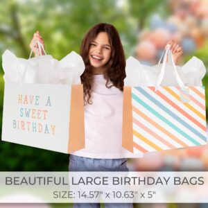 Beautiful Birthday Gift Bags Set of 2 - Large 14.5" Bags with Handles incl. Matching Tissue Paper, Cards & Stickers - Reusable and Perfect For Presents of Any Girls/Boys Kids Party & Special Occasion