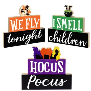 halloween decorations indoor, 3 pcs halloween wooden table sign decor, hocus pocus table centerpiece for mantle shelf tiered tray, farmhouse i smell children & we fly tonight halloween wooden signs