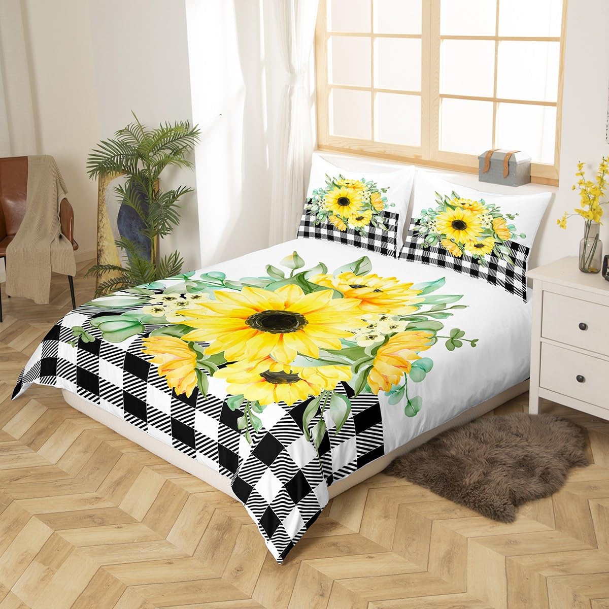 Sunflower Duvet Cover queen, Buffalo Check Bedding Set, Farmhouse Plaid Grid Yellow Floral Wild Botanical Black White Stripe Comforter Cover, Summer Rustic Garden Plants Room Decor Quilt Cover