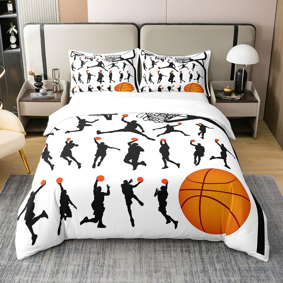 Basketball Print Bedding 100% Cotton Set Sports Theme Duvet Cover 100% Cotton 3D Ball Pattern Breathable Gift for Basketball Player Black White Duvet Set Room Decor Quilt Cover Full Size Zipper