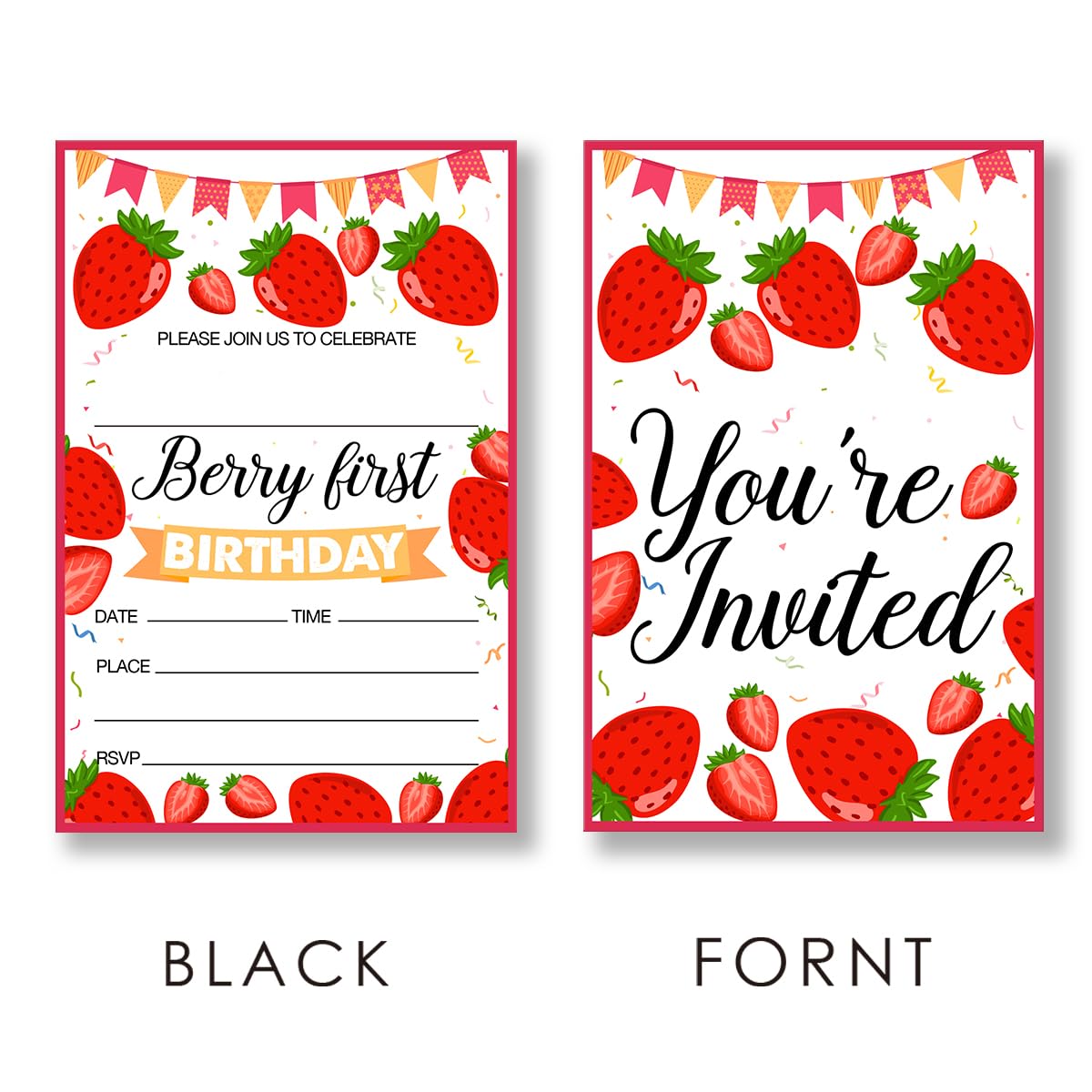 EUDOSI Strawberry Berry First Birthday Party Invitations Supplies Fill-In Set of 20 with Envelopes Strawberry 1st Birthday Bash Invites Cards, Double Sided