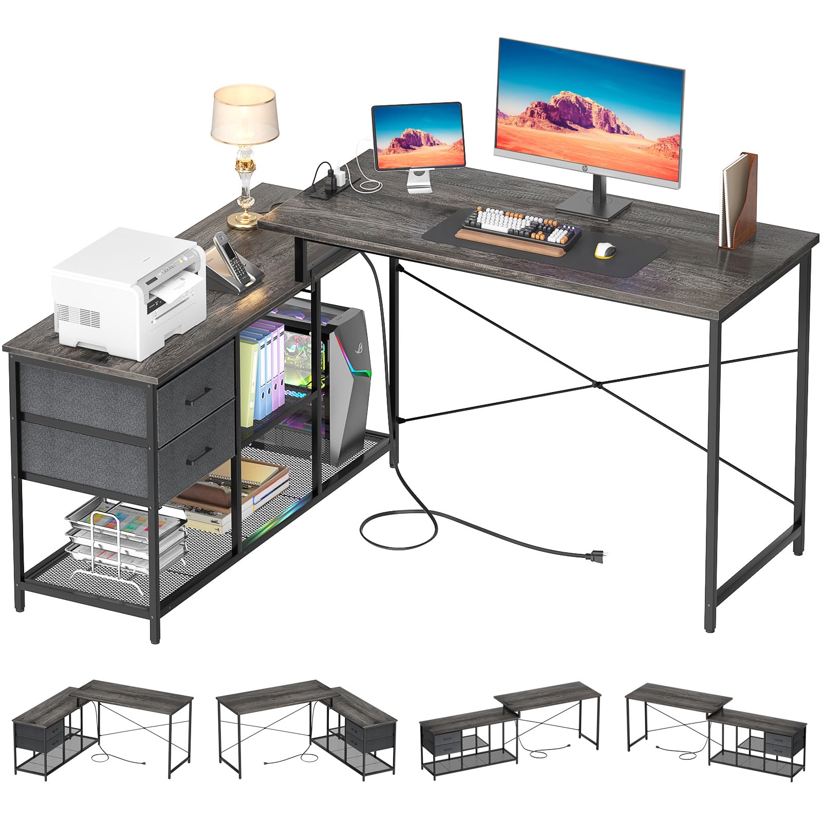 Homieasy Reversible L Shaped Desk with Power Outlet, Corner Computer Desk with Drawers and Storage Shelves, L-Shaped Long Home Office Desk Study Writing Desk Gaming Desk, Grey Oak