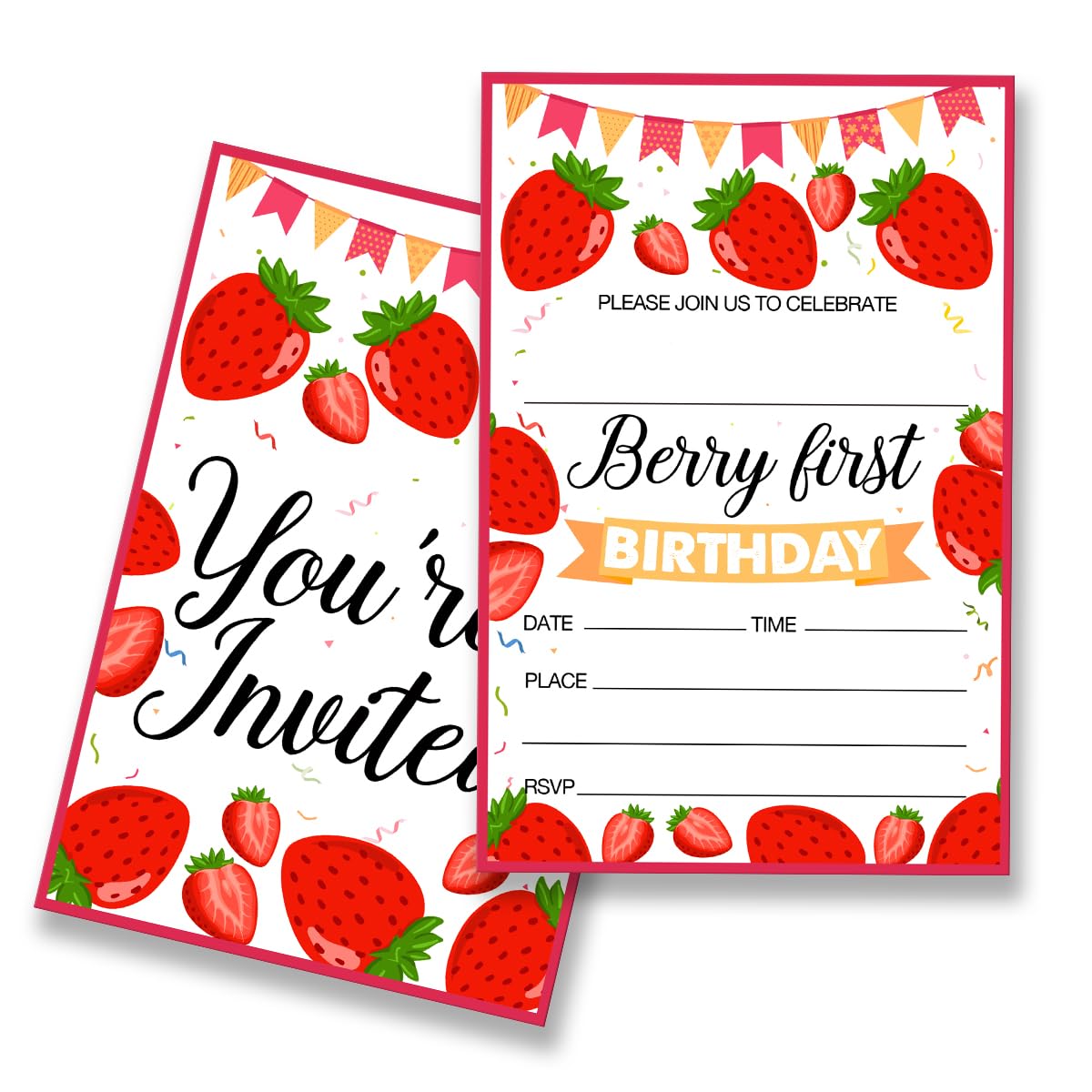 EUDOSI Strawberry Berry First Birthday Party Invitations Supplies Fill-In Set of 20 with Envelopes Strawberry 1st Birthday Bash Invites Cards, Double Sided