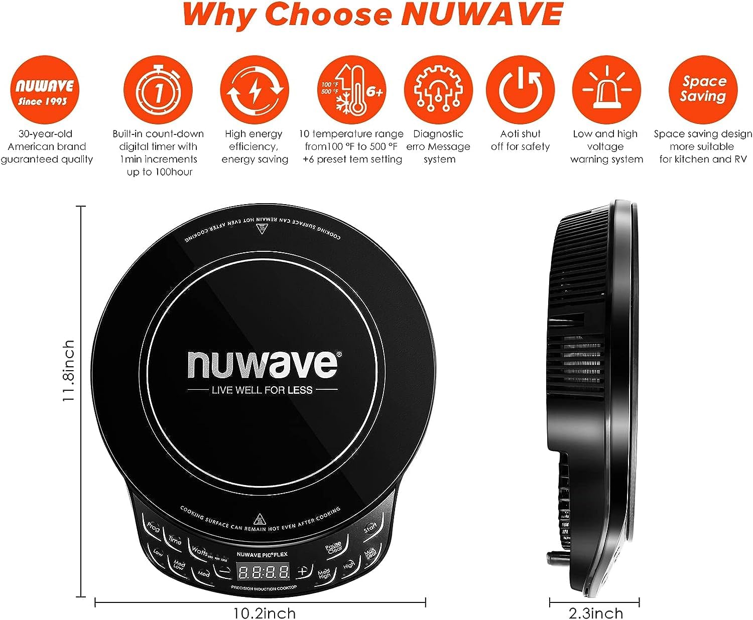 Nuwave Precision Induction Cooktop, 10.25” Shatter-Proof Ceramic Glass, 6.5” Heating Coil, 45 Temps from 100°F to 500°F, 3 Wattage Settings 600, 900 & 1300 Watts