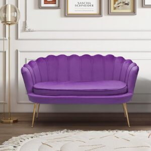 MoNiBloom 52" Purple Velvet Loveseat Sofa with 2 Pillows, Modern 2-Seater Sofa Upholstered Tufted Love Seat Couch with Golden Metal Legs for Living Room Conference Room, 300 Lbs Capacity