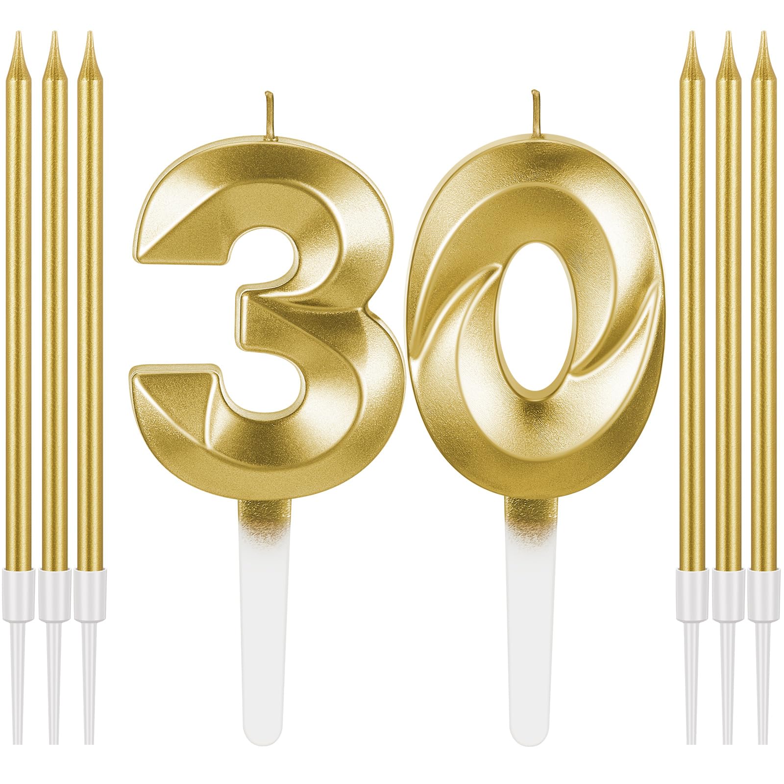 Mtlee Birthday Candles Set for Cakes Including 6 Long Thin Metallic Birthday Candles and Number Birthday Candles for Anniversary Celebration Party Topper Decorations Men Women (Gold,30)