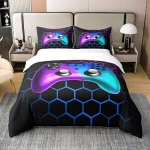 gamer duvet cover 100% cotton gaming geometry game controller bedding 100% cotton set honeycomb purple blue cover for bedroom decor gamer console bedspread cover twin zipper with 1 pillow case