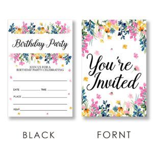 EUDOSI Wildflower Birthday Party Invitations Supplies Fill-In Set of 20 with Envelopes Floral Birthday Bash Invites Cards, Double Sided