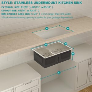 LORDEAR 28 Inch Undermount Kitchen Sink Double Bowl 16 Gauge Stainless Steel Workstation Kitchen Sink 50/50 with Smart Low Divider, 28x19 Double Basin Under Counter Kitchen Sinks Handmade