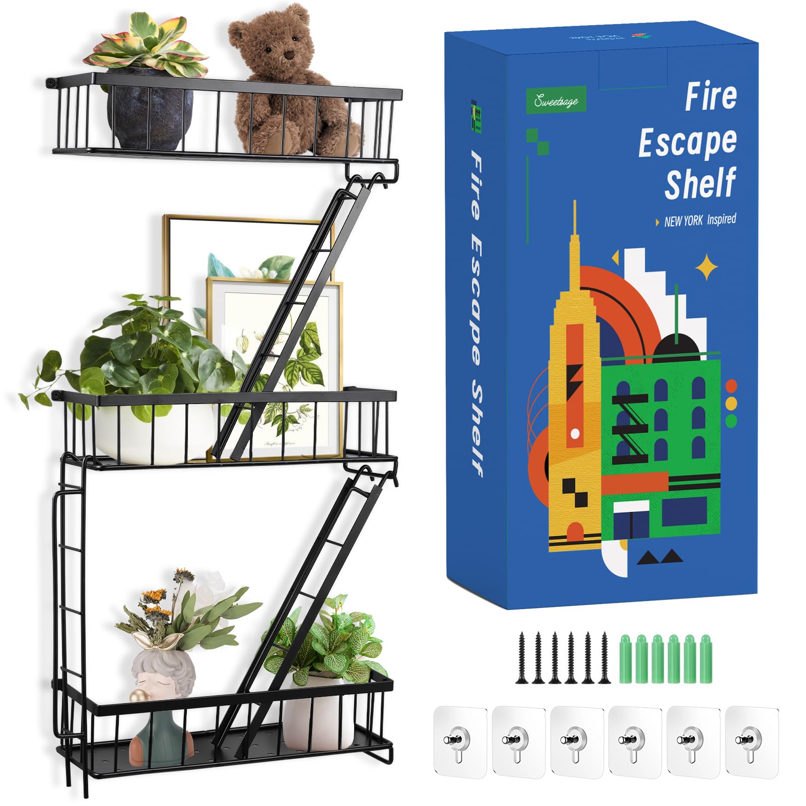 SweetSage Fire Escape Wall Shelf - New York Decorative Ladder Shelf, Wall Art Floating Shelf Black Metal Shelves for Bedroom, Home Office Storage and Display (3-Tier)