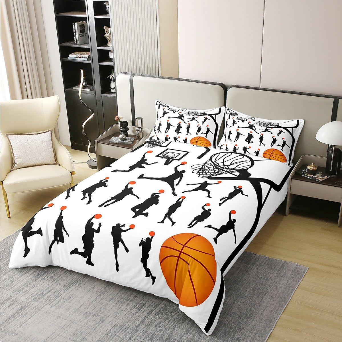 Basketball Print Bedding 100% Cotton Set Sports Theme Duvet Cover 100% Cotton 3D Ball Pattern Breathable Gift for Basketball Player Black White Duvet Set Room Decor Quilt Cover Full Size Zipper