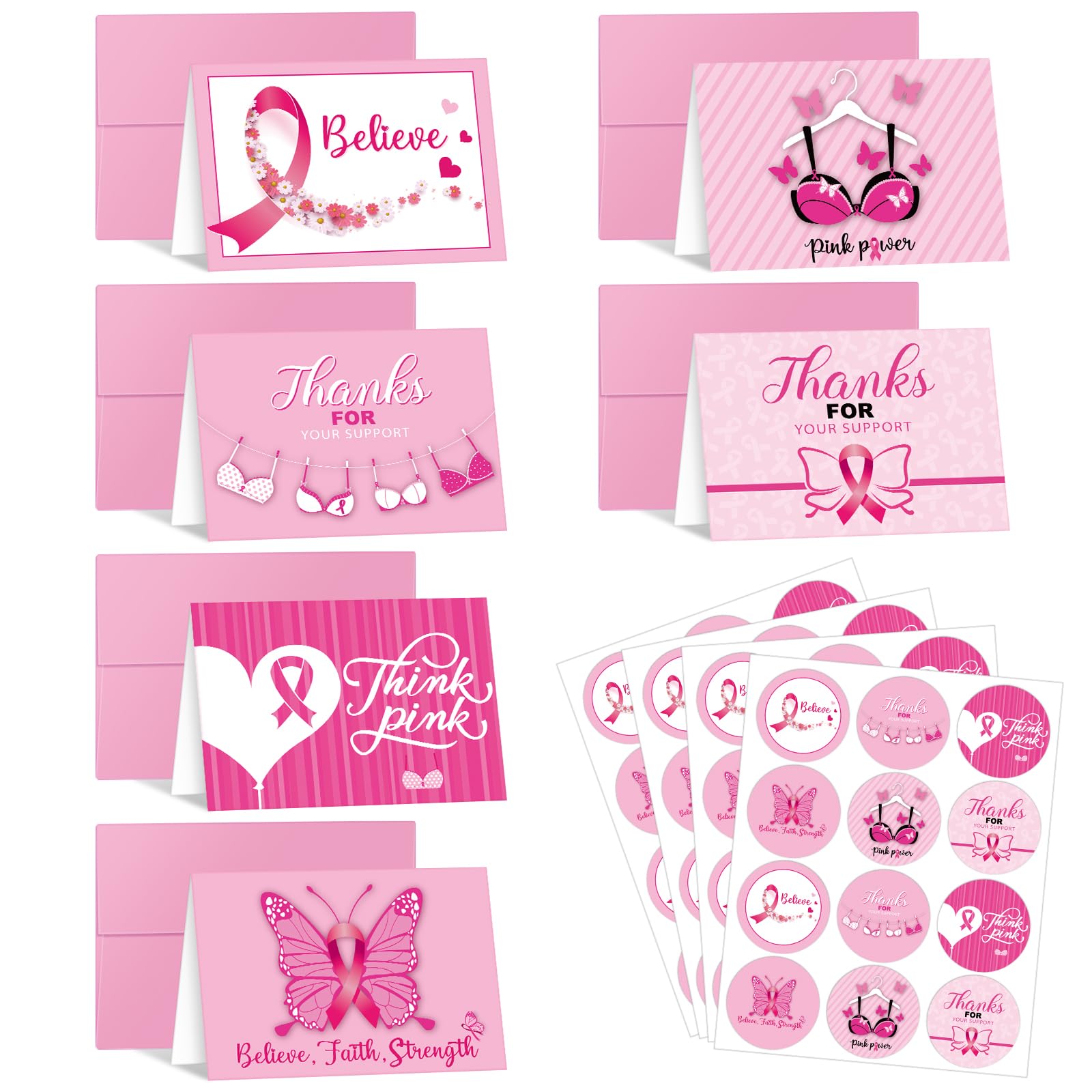 Tenceur 60 Sets Breast Cancer Cards Pink Ribbon Thank You Cards Breast Cancer Thank You Cards with Envelopes and Stickers for Breast Cancer Fundraising and Awareness Events