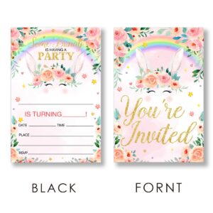 EUDOSI Rainbow Bunny Birthday Party Invitations Supplies Fill-In Set of 20 with Envelopes Floral Bunny Birthday Invites Cards, Double Sided