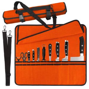 qiqu orange chef knife bag with 20 slots cutlery knives holders protectors, home kitchen travel cooking tools, portable canvas knife roll storage bag chef case for camping or working