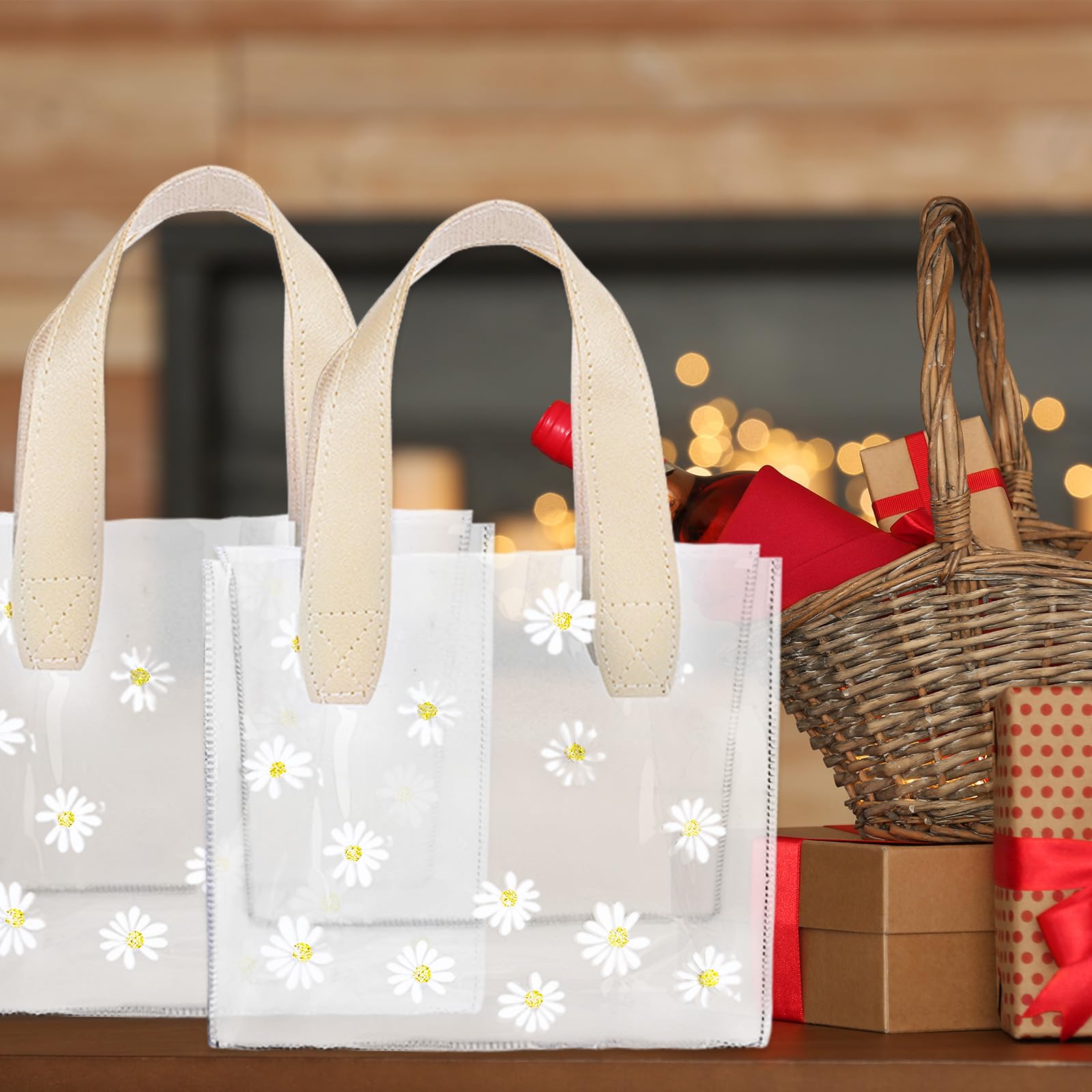 Whaline 12Pcs Clear PVC Gift Bags with Handle Bridesmaid Gift Bags Cute Daisy Flower Transparent Gift Bags Reusable Treat Bags for Thanksgiving Christmas Wedding Birthday Baby Shower Party Supplies