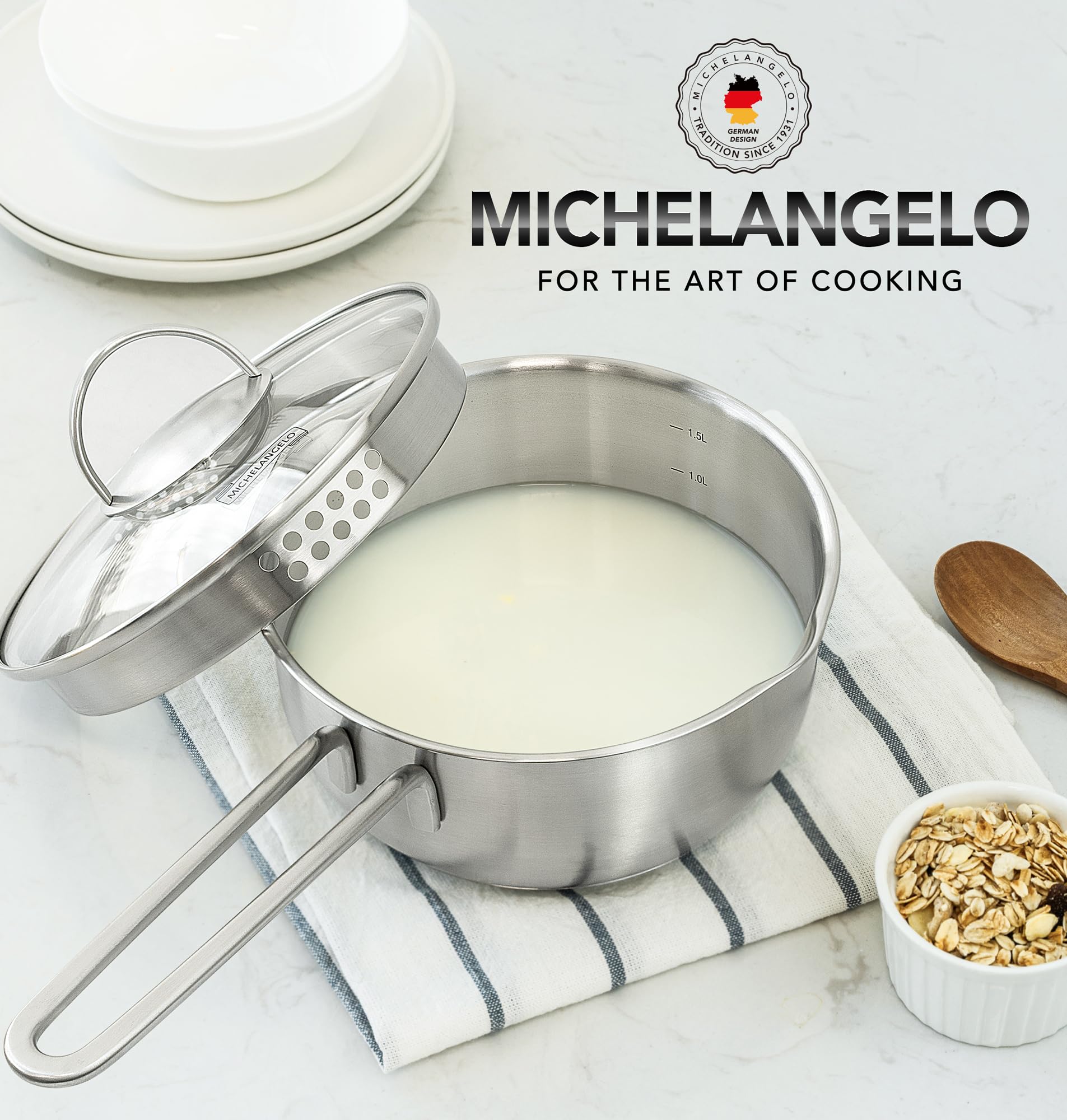 MICHELANGELO Stainless Steel Saucepan with Lid & Pour Spout 1QT & 2QT & 3QT, Tri-Ply Bottom Sauce Pan Set, Sauce Pot Set - 6 Pcs