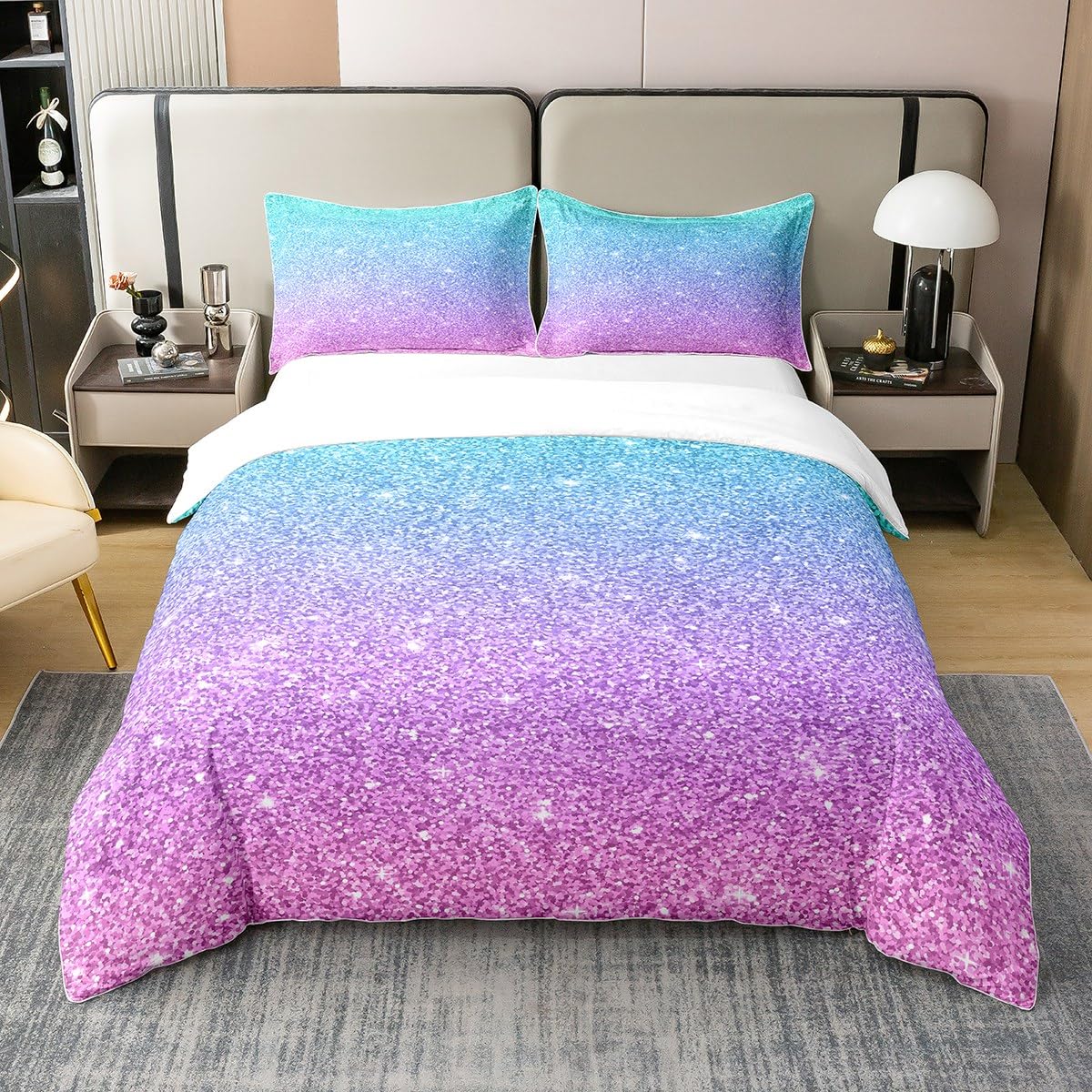 Queen Zipper Glitter Print(No Glitter) Duvet Cover 100% Cotton 3Pcs Duvet Cover 100% Cotton Blue Purple Gradient Bedding 100% Cotton Set Soft Warmth Lightweight Quilted Duvet Set with 2 Pillow Shams