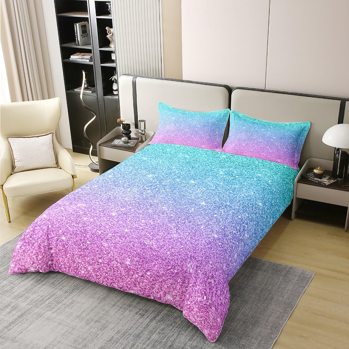 Queen Zipper Glitter Print(No Glitter) Duvet Cover 100% Cotton 3Pcs Duvet Cover 100% Cotton Blue Purple Gradient Bedding 100% Cotton Set Soft Warmth Lightweight Quilted Duvet Set with 2 Pillow Shams