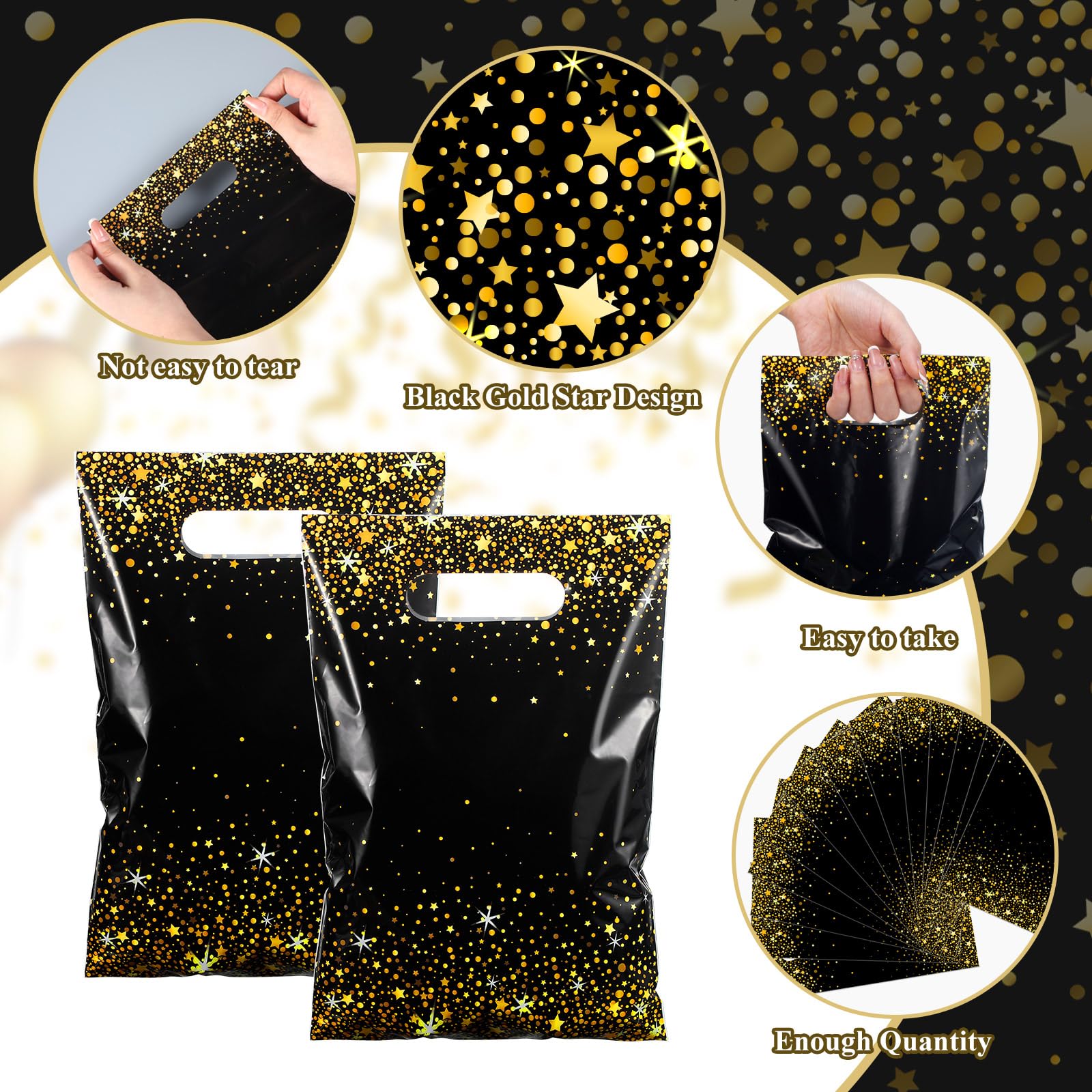 Pasimy 50 Pcs Black and Gold Party Favor Gift Bags Die Cut Plastic Treat Goodie Merchandise with Handle for Birthday Party Wedding Bridal Baby Shower Christmas New Year Gift Supplies