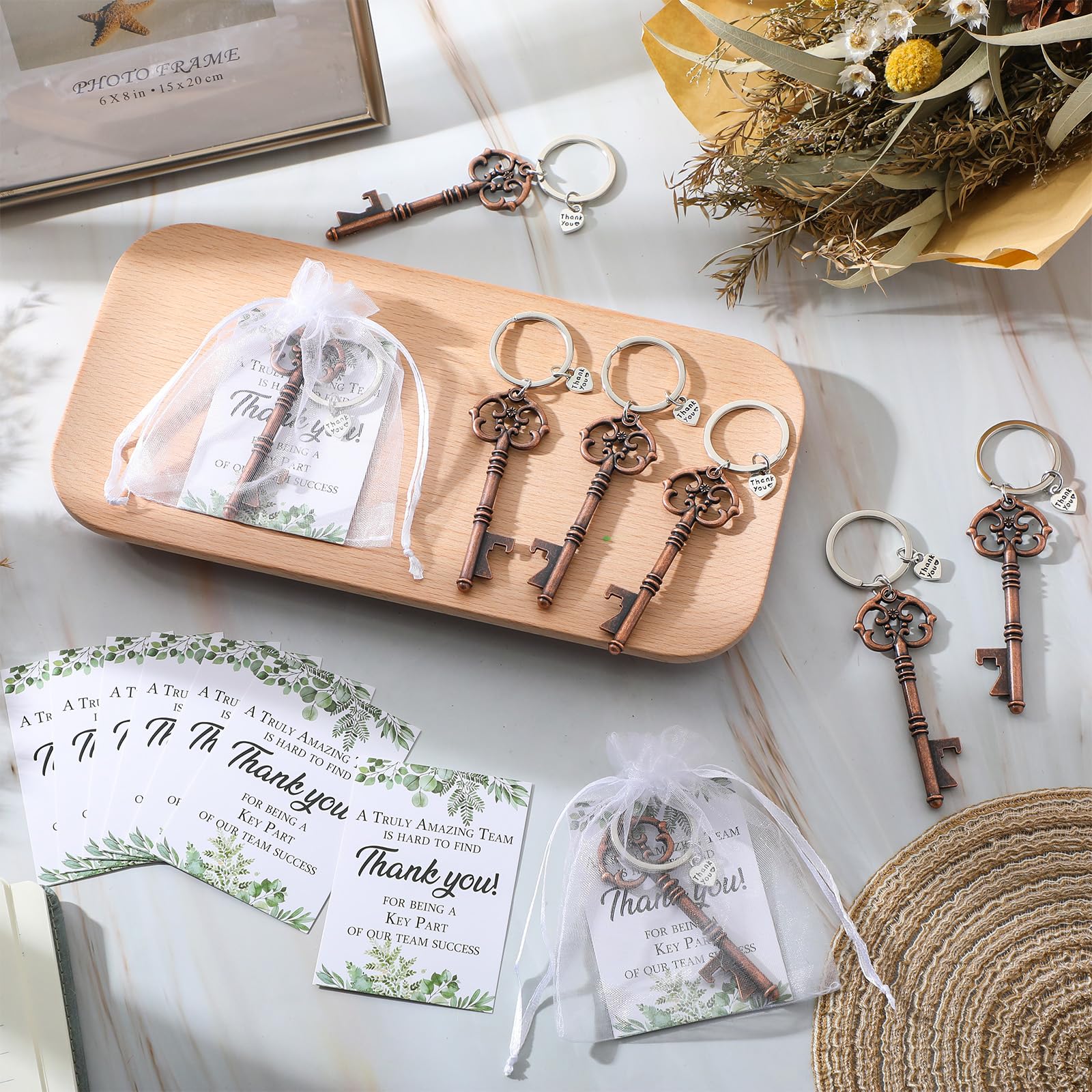 Sasylvia 50 Set Employee Appreciation Gifts Bulk Skeleton Key Bottle Opener Keychain Thank You Card Organza Bags for Coworker