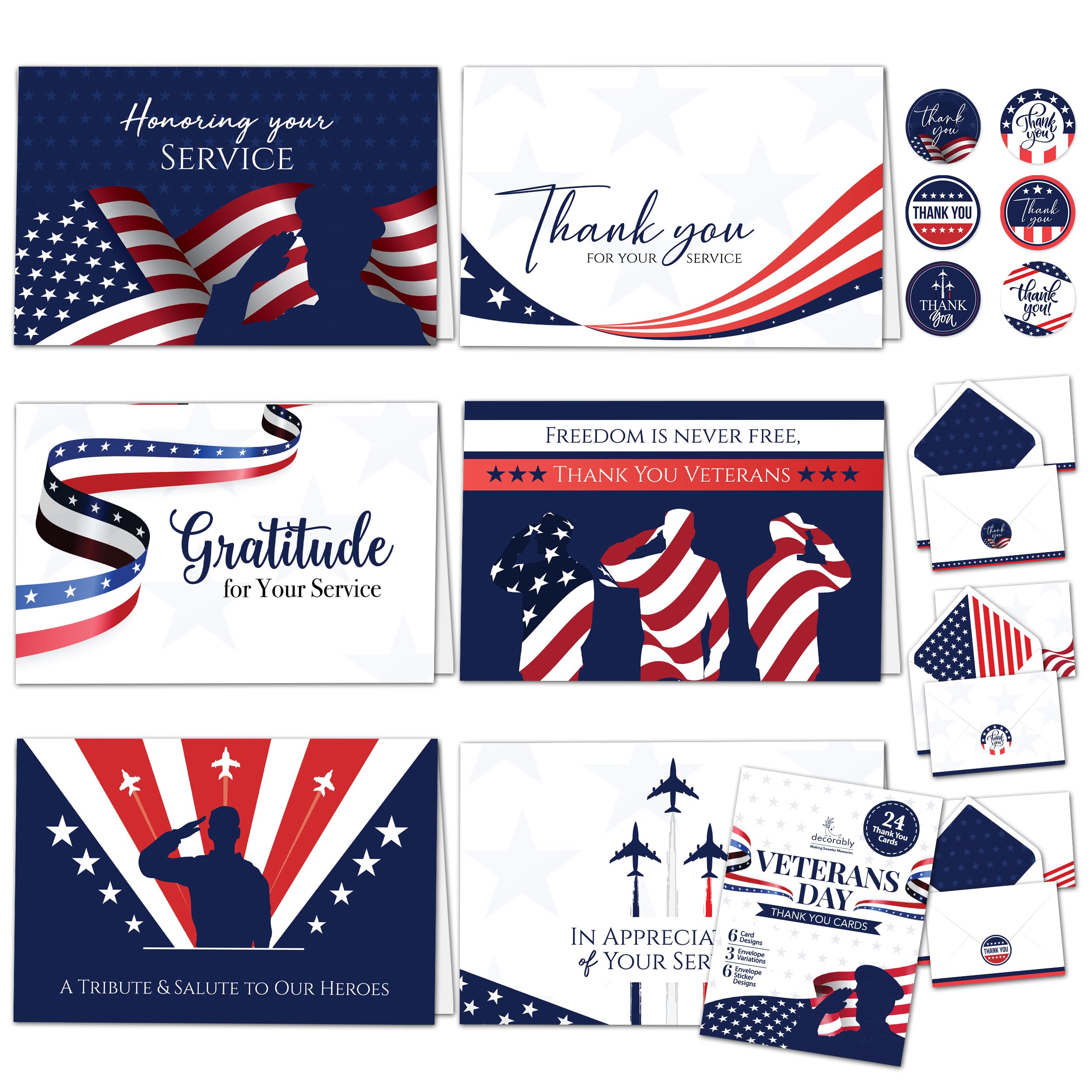 Decorably Special Season Cards with Envelopes & Stickers - 24 Pack Thank You for Your Service Cards, Veteran Thank You Cards, Printed Message Inside 6x4in Patriotic Cards with Envelopes