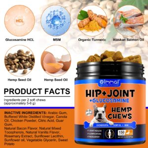 MXCZBSM Hemp Hip and Joint Supplement for Dogs, 150 Dog Joint Pain Relief Treats, Glucosamine for Dogs, Hip & Joint Supplement w/MSM + Chondroitin + Omega 3, Mobility & Flexibility Support