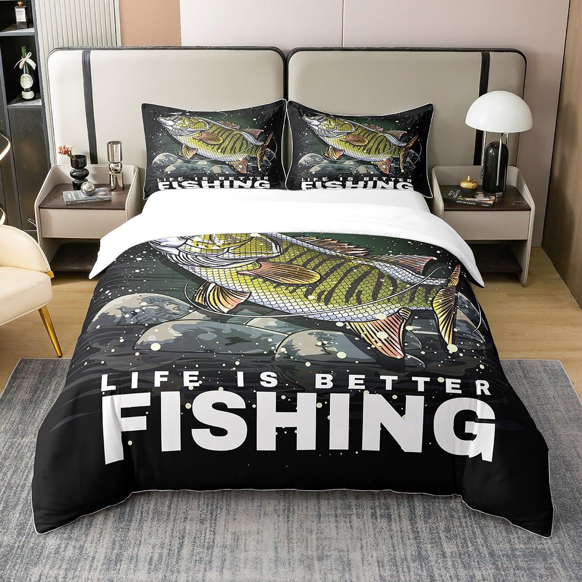 jejeloiu Big Pike Fish Duvet Cover 100% Cotton Bass Big Fish Bedding 100% Cotton Set Fishing and Hunting for Children Microfiber Fisherman Fish Man Duvet Set Room Decor Quilt Cover Full Zipper