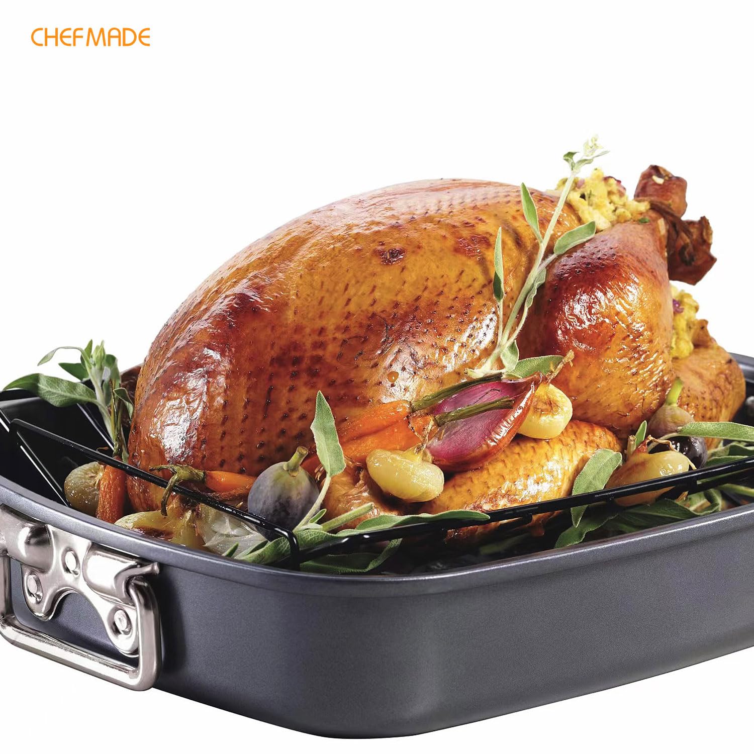 CHEFMADE Roasting Pan, 17-Inch Non-Stick Large Roasting Pan for Turkey, Roaster Lasagna Pan with V Rack Rectangular Deep Dish Oven-BBQ Bakeware for Oven Baking 17.1" x 14.1" x 3.3" (Black)