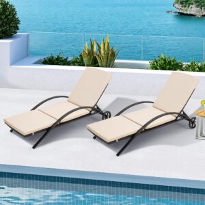 HOMREST Chaise Lounge Chair Outdoor Set of 2, Patio Lounge Chair with Wheels and Removable Cushion,Wicker Pool Sunbathing Lounge Chair for Outside, Patio, Porch, Backyard (Khaki)