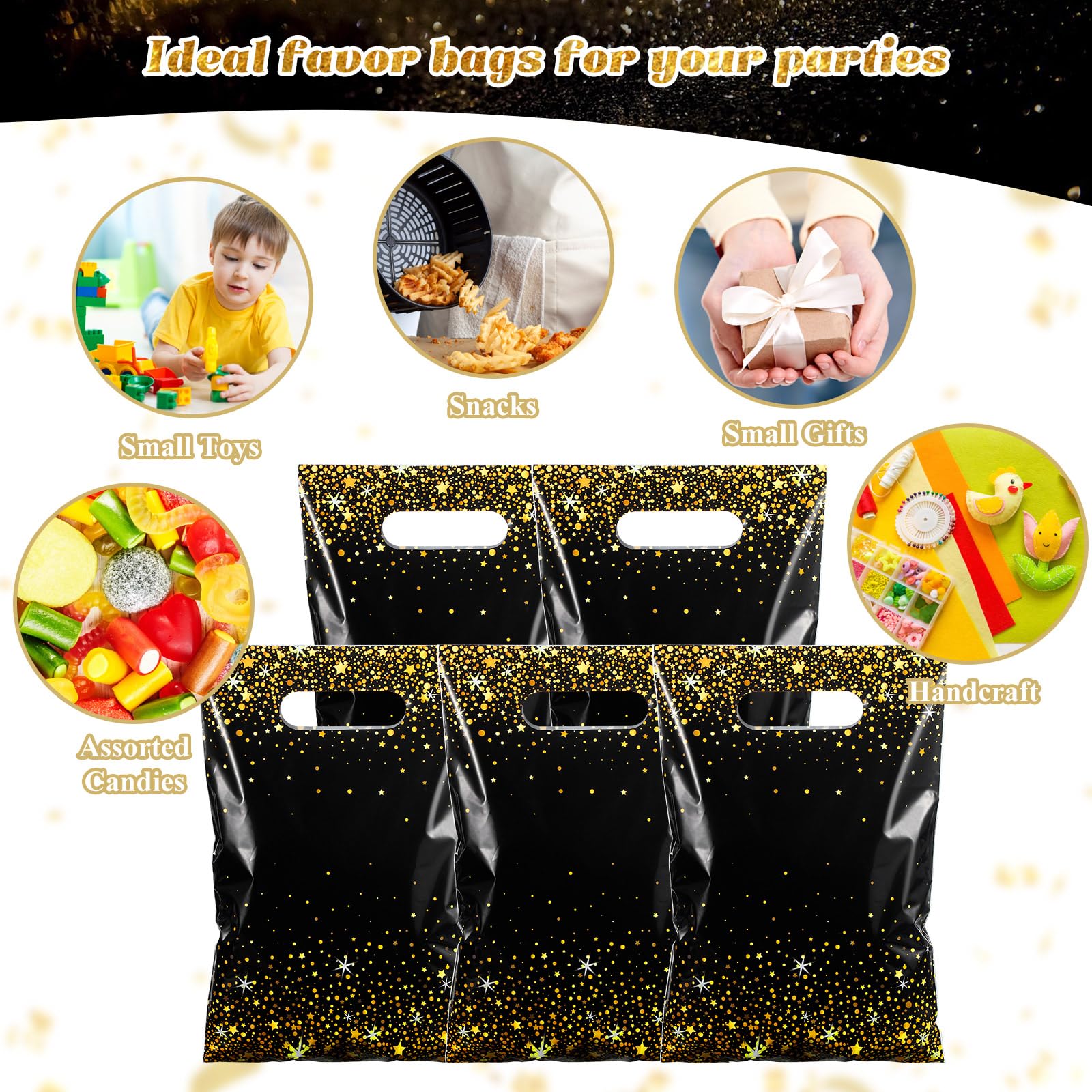 Pasimy 50 Pcs Black and Gold Party Favor Gift Bags Die Cut Plastic Treat Goodie Merchandise with Handle for Birthday Party Wedding Bridal Baby Shower Christmas New Year Gift Supplies