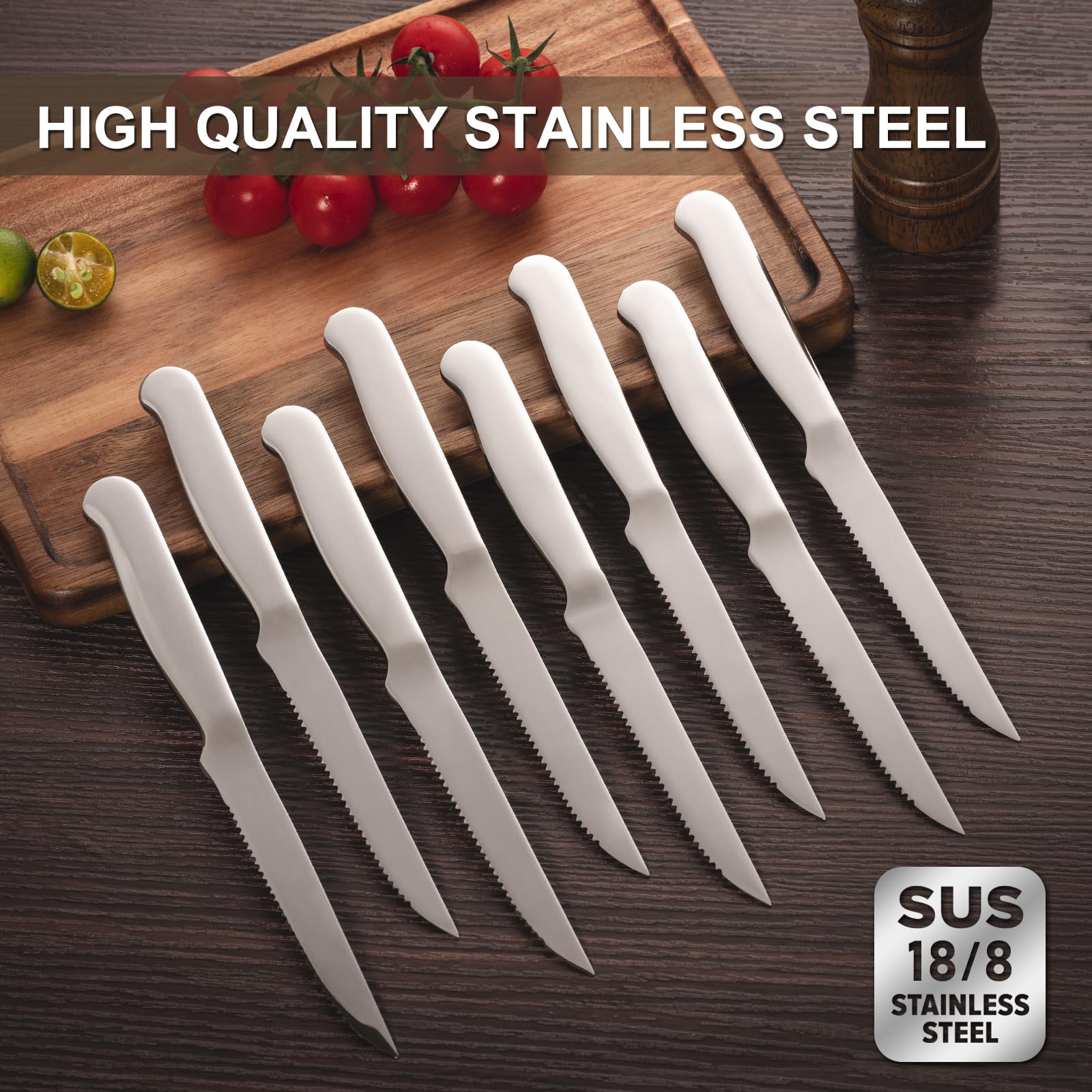 Steak Knives Set of 8, Eisinly Sharp Serrated Knife Set with Sturdy Full Stainless Steel Handle for Kitchen Restaurant Party, 9.5 Inches, Silver