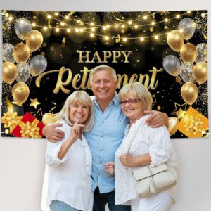 Avezano Happy Retirement Backdrop Black and Gold Happy Retirement Sign Banner Photo Background with Rope for Retirement Party Decorations (70.8x43.3inch)