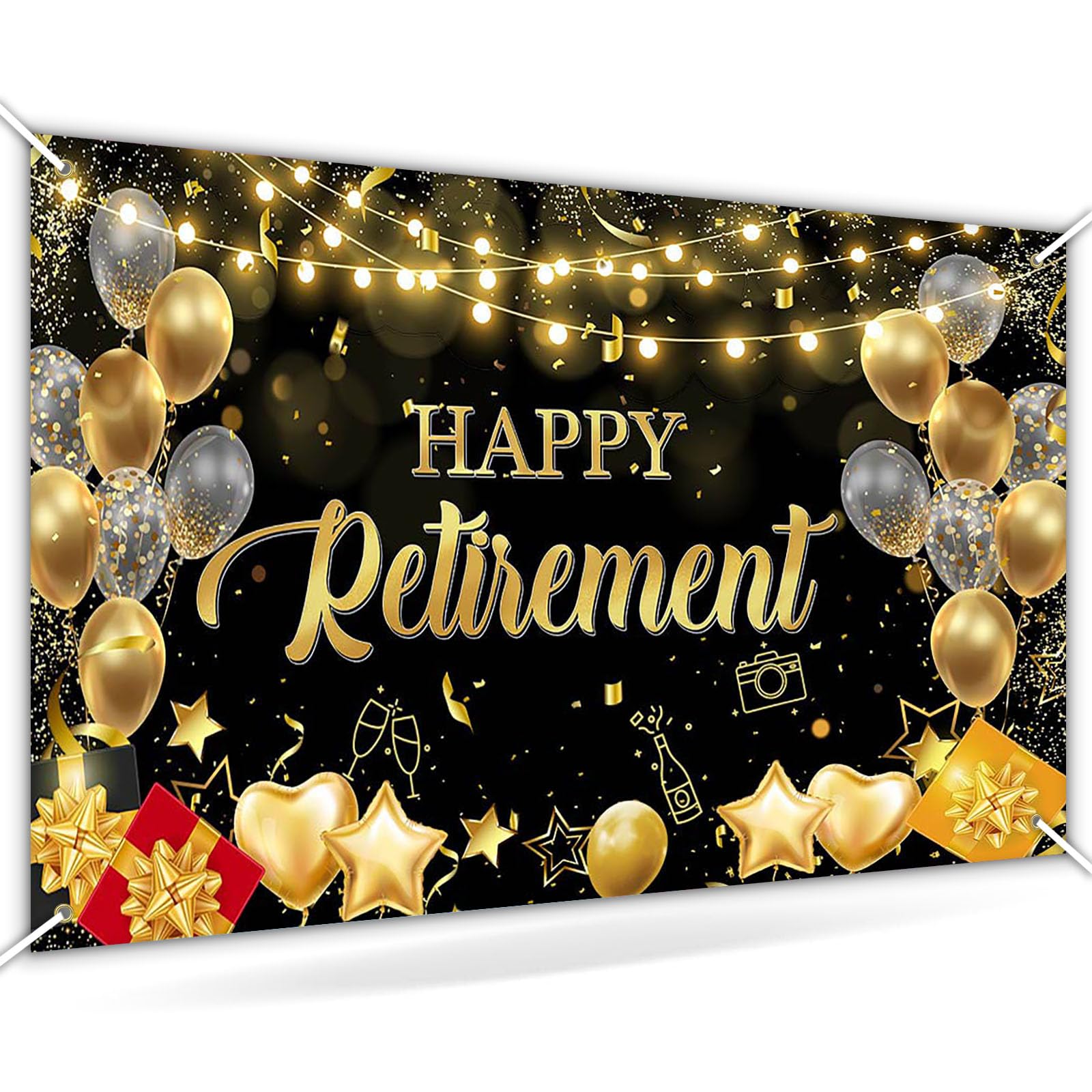 Avezano Happy Retirement Backdrop Black and Gold Happy Retirement Sign Banner Photo Background with Rope for Retirement Party Decorations (70.8x43.3inch)