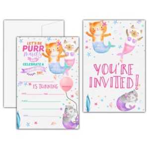 cat mermaid birthday invitations, purrmaid birthday party invitation card, kitten birthday party favors & celebration supplies(20 set of invitations with envelopes)-b11