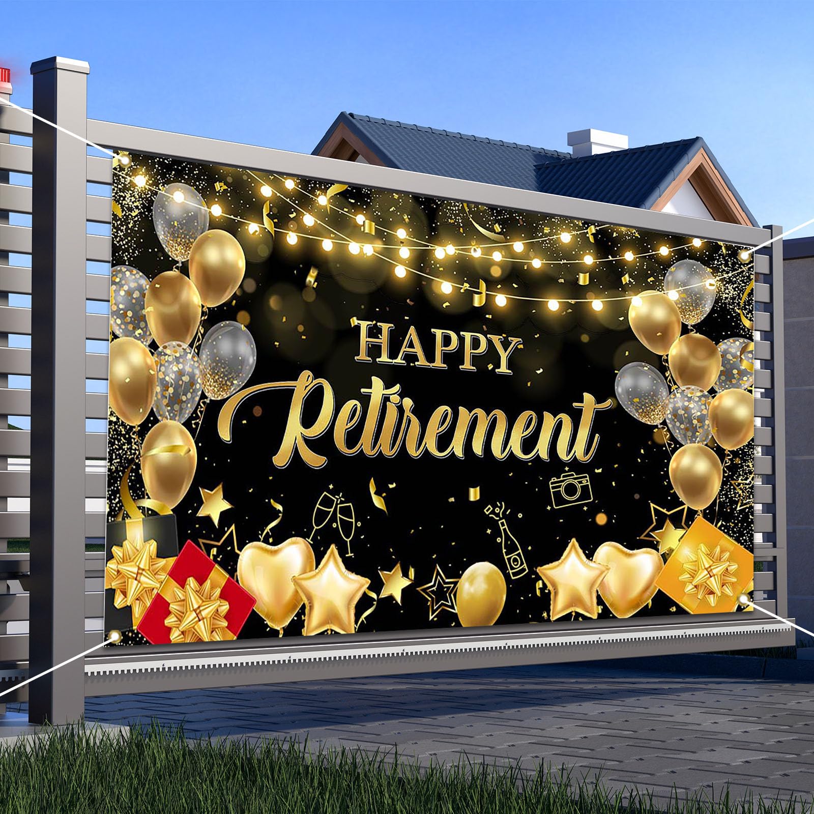 Avezano Happy Retirement Backdrop Black and Gold Happy Retirement Sign Banner Photo Background with Rope for Retirement Party Decorations (70.8x43.3inch)