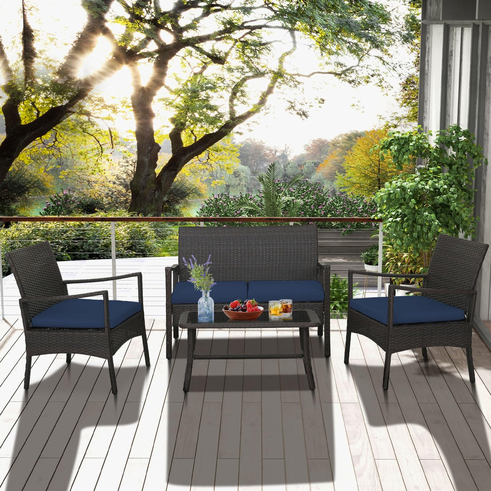 Tangkula 4 Pieces Outdoor Conversation Set, Patio PE Wicker Sofa with Tempered Glass Coffee Table, Soft Seat Cushions Included, Modern Rattan Chair Table Set for Porch, Backyard (1, Navy)