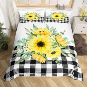 Sunflower Duvet Cover queen, Buffalo Check Bedding Set, Farmhouse Plaid Grid Yellow Floral Wild Botanical Black White Stripe Comforter Cover, Summer Rustic Garden Plants Room Decor Quilt Cover