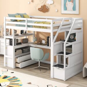 harper & bright designs twin size loft bed with desk and storage stairs, wood loft bed twin with shelves & storage drawers,twin loft bed with desk underneath for kids teens boys girls (twin, white)